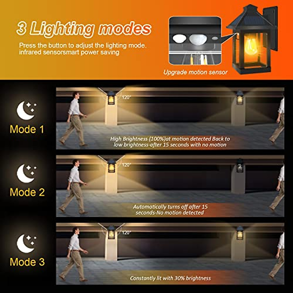 INDARUN Solar Wall Lantern Lights with 3 Modes, Solar Lights Outdoor Waterproof, Dusk to Dawn Motion Sensor LED Wall Sconce, Porch Barn Light, Warm White Lighting for Garage, Yard, Patio