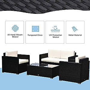 Outsunny 4 Piece Wicker Patio Furniture Set with Cushions, Outdoor Sectional Furniture with 2 Sofa, Loveseat, and Glass Top Coffee Table, Conversation Sofa Sets for Garden, White