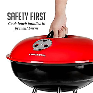 Ovente 14-Inch Portable BBQ Charcoal Grill for Outdoor Cooking and Camping, Stainless Steel Body for Heavy Duty with Dual Vent System, Perfect for Patio or Backyard Barbecue Party, Red GQR0400BR