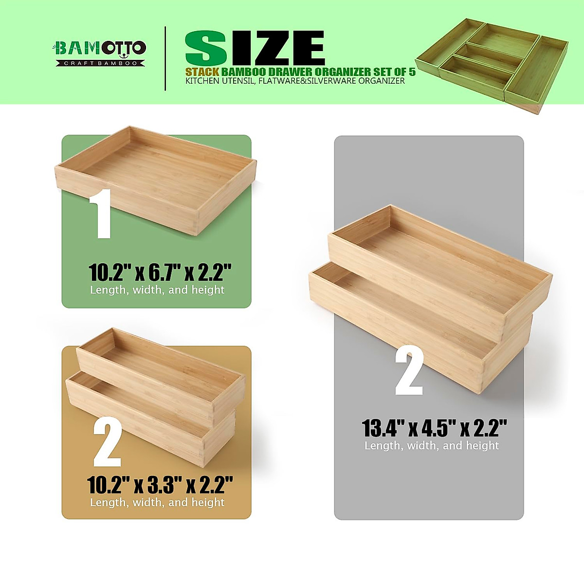 BAMOTTO Stack Bamboo Drawer Organizer Set of 5, Kitchen Utensil, Flatware&Silverware Organizer-Wood Laminated Stackable Drawer Organizer for Kitchen, Bedroom, Living Room Storage Box