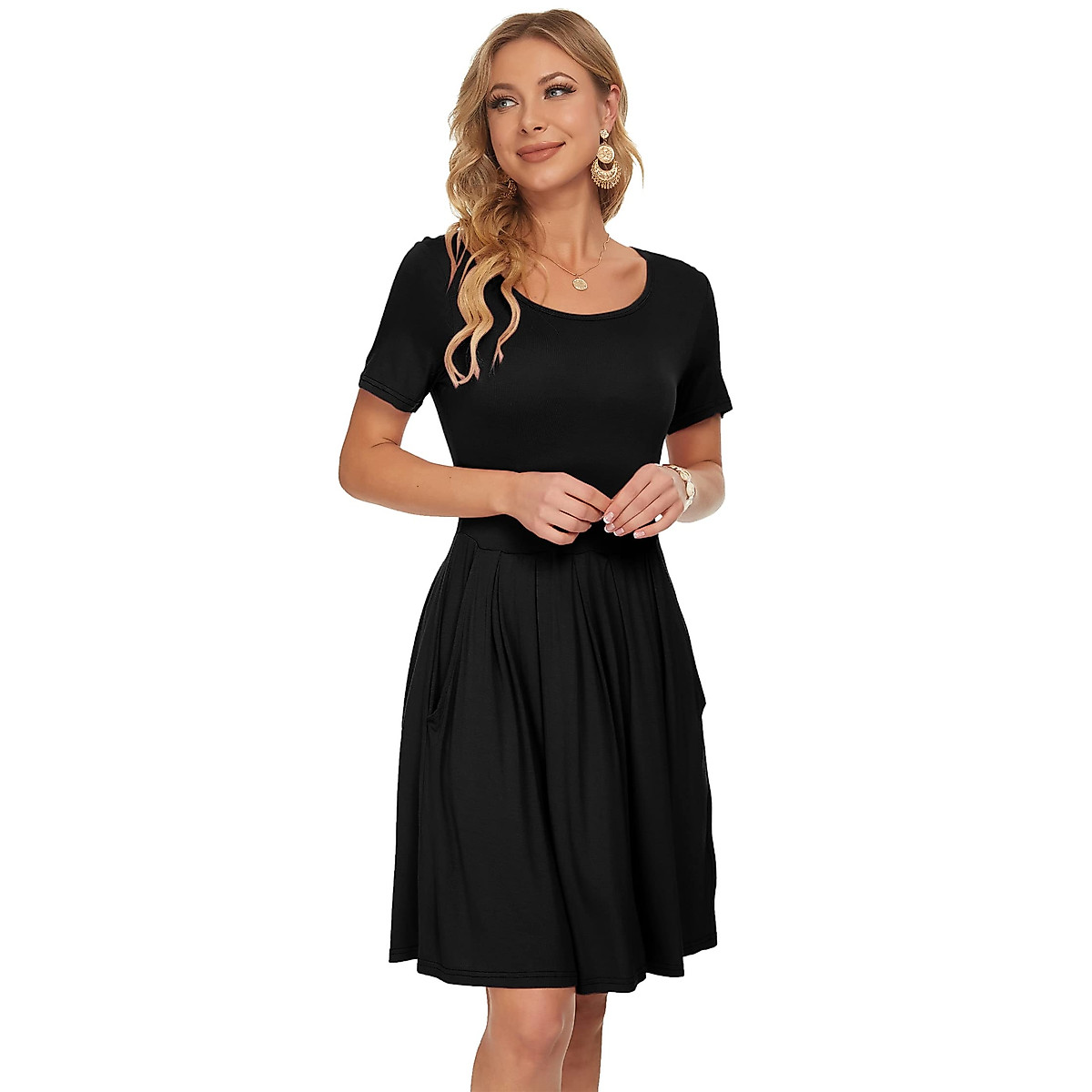 AUSELILY Women's Short Sleeve Summer Dress Pleated Loose Swing Knee Length Dresses with Pockets 2025 New Black L