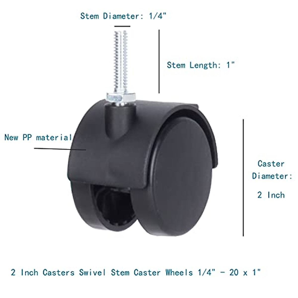 2 Inch Casters Swivel Stem Caster Wheel 1/4" - 20 x 1" New PP Furniture Shelving Casters Replacement Castors with Brakes (with Brake-Black)