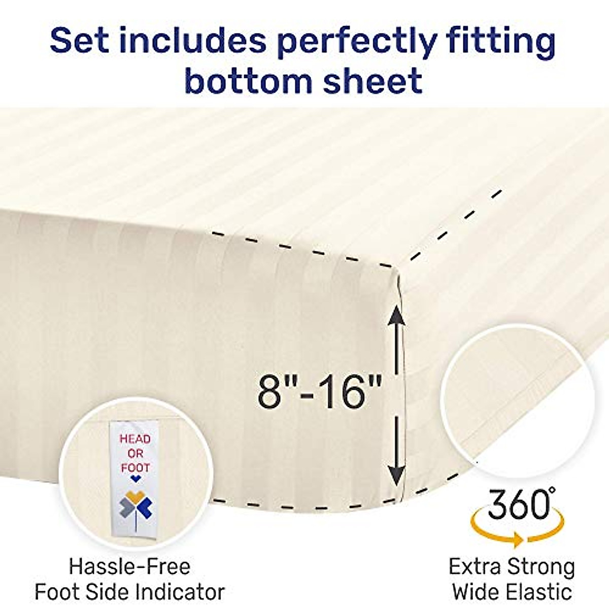 California Design Den 500 Thread Count Ivory King Size 6 Piece Sheet Set, Dobby Damask Stripe Sheets, Smooth Sateen Weave Sheet Set (1 Top Sheet, 1 Bottom Fitted Sheet & 4 Pillowcases)