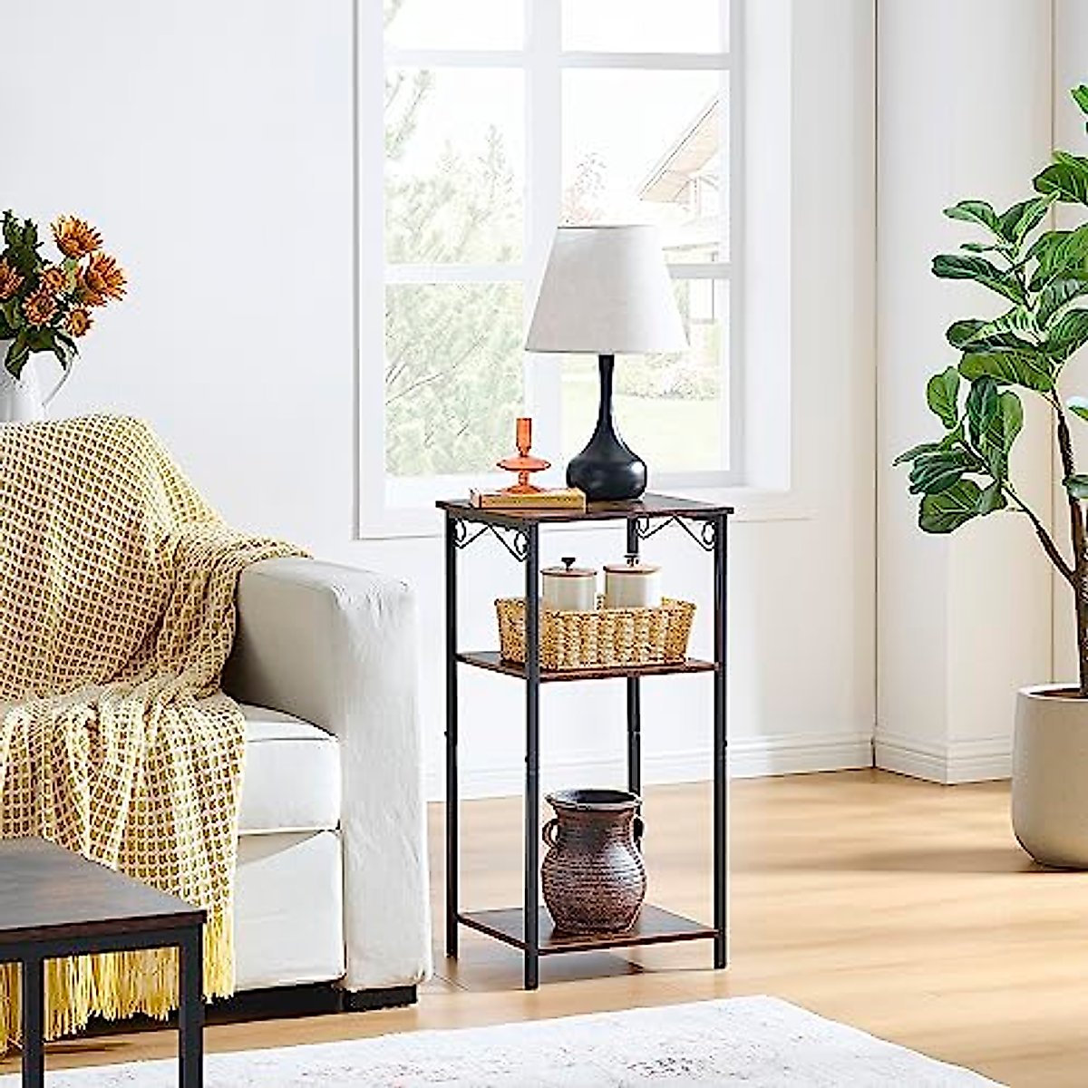 Hoctieon 3 Tier End Table Set of 2, Slim Side Tables, Narrow Side Tables, Nightstands for Small Spaces, Metal Frame, Easy Assembly, Rustic Brown