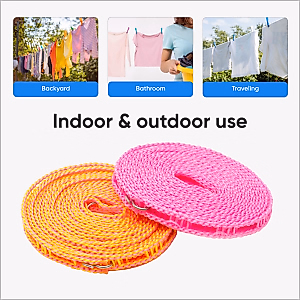 Clothes Line 16.4 Ft - Indoors & Outdoors Clothesline - Portable Laundry Line for Hanging Clothes - Windproof Rope with Hooks