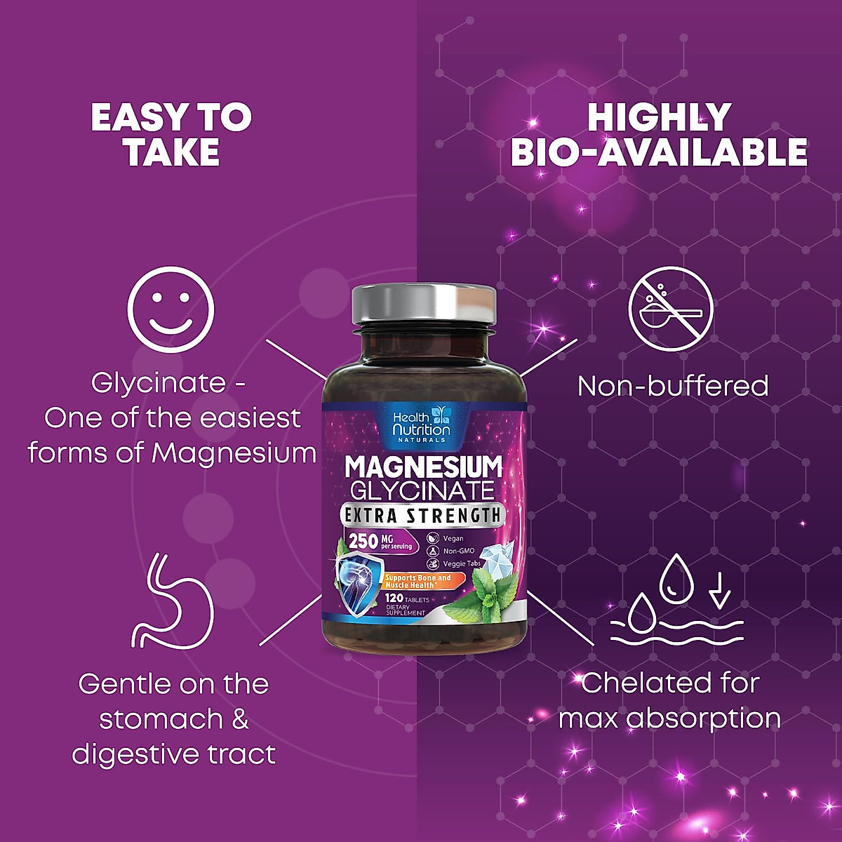 Magnesium Glycinate 250 mg - Natural, High Absorption Magnesium Tablets Chelated for Muscle, Nerve, Bone & Heart Health Support - Gentle Form, Non-GMO, Gluten Free, Vegan Supplement - 120 Tablets