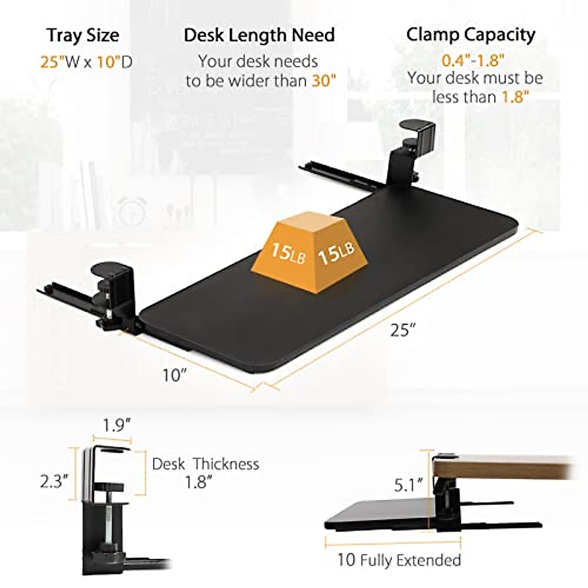 ERGOMOER Large Keyboard Tray Under Desk, C-clamp Mount System, Slide-Out Computer Keyboard Tray Fits Full Size Keyboard and Mouse for Computer Desk Office Desk and Standing Desk
