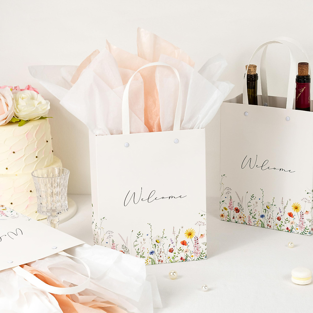 Crisky Wildflower Welcome Bags for Wedding Hotel Guests, Candy Buffet Bags, Wedding Gift Bridal Baby Shower Favor Bags, 10"x8"x4", 25 pcs