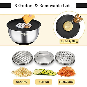 Wildone Mixing Bowls with Airtight Lids, 22 PCS Stainless Steel Nesting Bowls, with 3 Grater Attachments, Scale Marks & Non-Slip Bottom, Size 5, 4, 3, 2,1.5, 0.63QT, Ideal for Mixing & Prepping