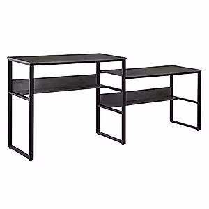HOMCOM 86.5 Inch Two Person Desk Double Computer Table Writing Desk with Open Shelves Long Storage Workstation for Home Office Black and Grey