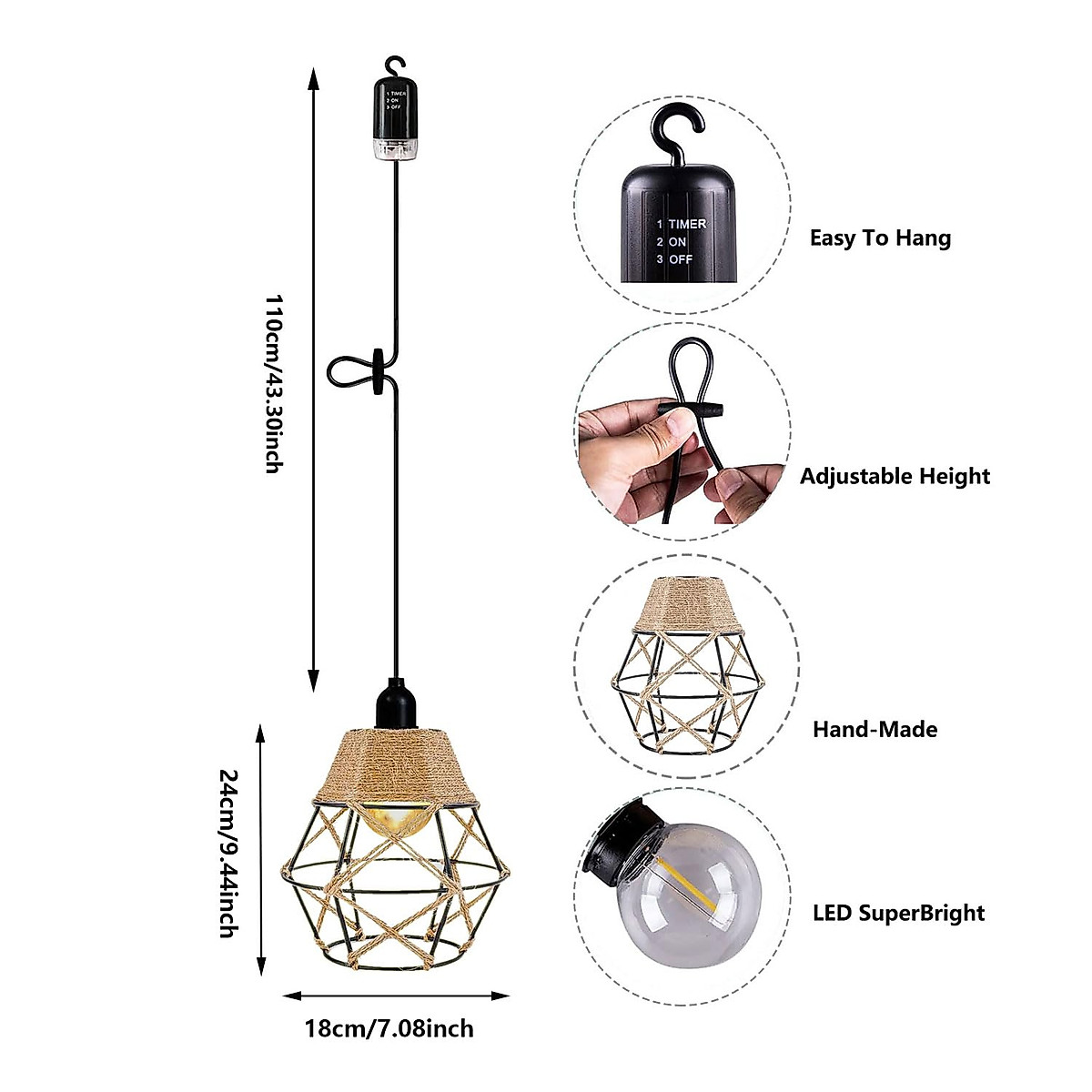 3er Pack Battery Operated Pendant Light Indoor Chandelier Hanging Lamp with Remote Control Timer LED Bulbs Boho Rattan Shade Outdoor Lantern for Gazebo Porch Patio Backyard Powered by 4*AA Batteries