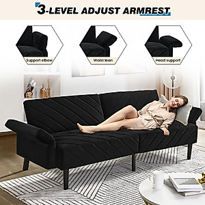 JEEOHEY Futon Sofa Bed, 78" Convertible 3 Seat Sleeper Sofa w/5 Level Adjustable Split Backrest & 3 Level Armrest, Oversized Velvet Futon Couch Bed for Living Room, Apartment, Small Space, Black