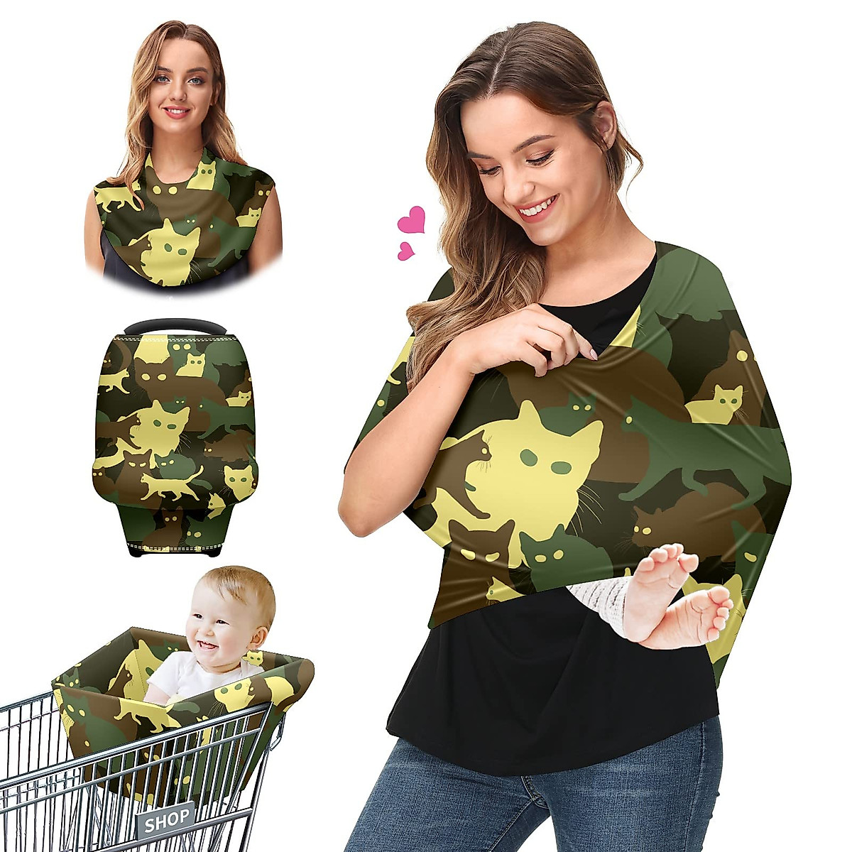 Baby Car Seat Stroller Covers Camouflage Ghost Cat Kitten Camo Nursing Cover Breastfeeding Scarf Soft Breathable Stretchy Infant Car Canopy Coverage Carseat Cover for Boys and Girls Multi Use