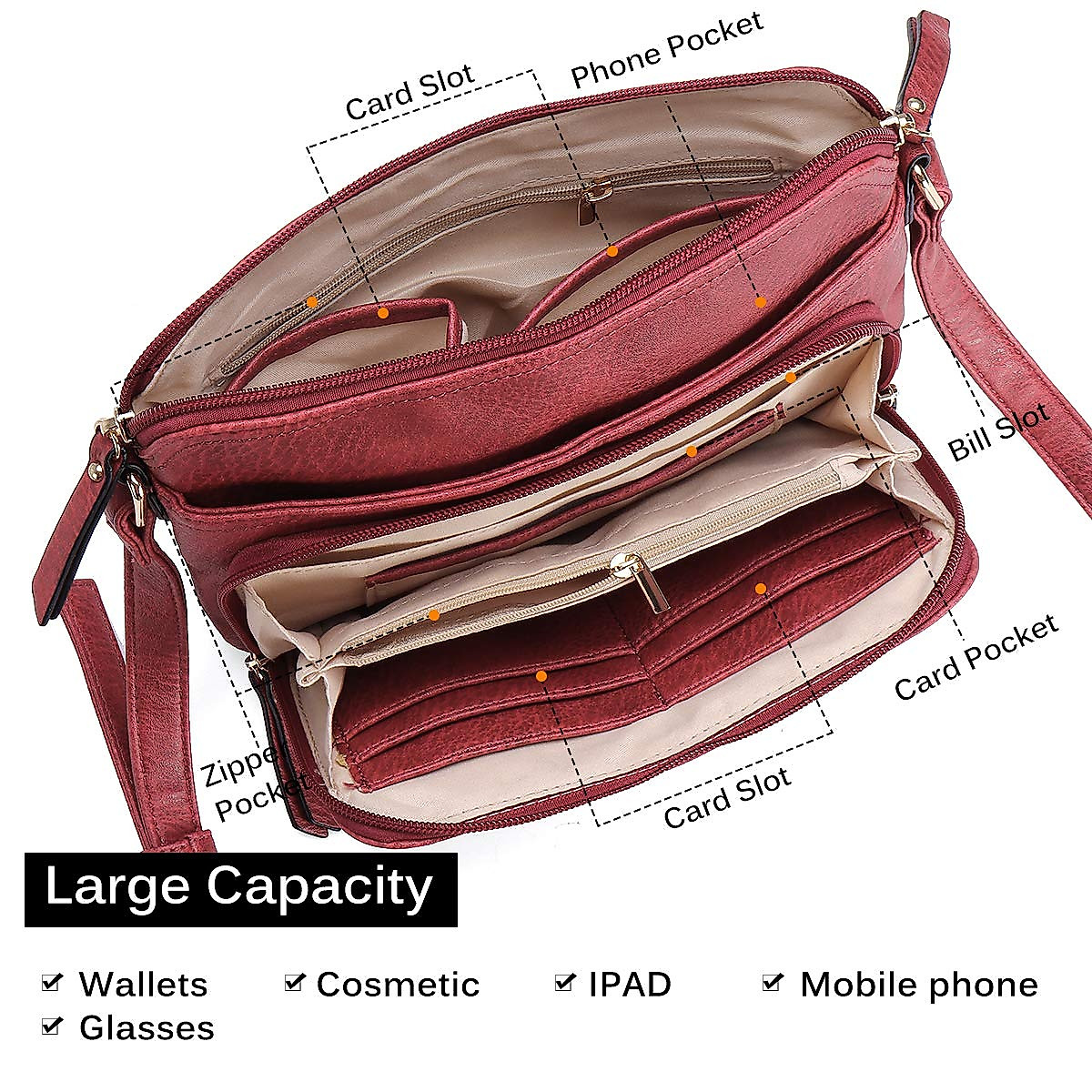 OB OURBAG Solid Multi-pockets Casual PU Leather Crossbody Shoulder Bags for Women (Red)