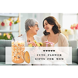 Floral Iced Coffee Cup - Cute Glass Coffee Cups with Lids and Straw - Flower Aesthetic Beer Tumbler, Can Shaped Drinking Glasses, Birthday Christmas Gifts for Women, Mom, Aunt, Wife - 16 oz Can Glass