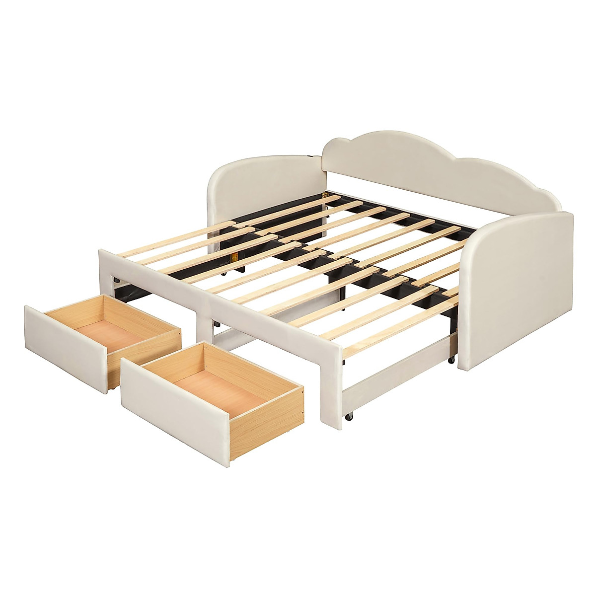 Twin Size Daybed with Storage Drawers, Extending Upholstered Sofa Bed with Trundle, Twin to King Design Sleeper Sofa with Cloud-Shaped Backrest for Living Room Apartment, Beige