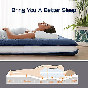 Syalife Japanese Futon Mattress Floor Mattress, 4" Thicken Roll Up Tatami Mat, Foldable & Portable Floor Bed Sleeping Pad, Traditional Shiki Futon (shikibuton), Design by Japan (Navy Blue, 54 * 80)