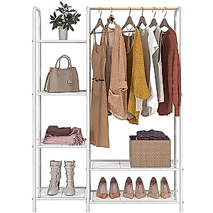 TZAMLI Clothing Rack with 6 Shelves, Heavy Duty Clothes Rack Garment Rack with Hanging Rod, Free-Standing Closet Organizer Storage Shelf (White-6 Tier)