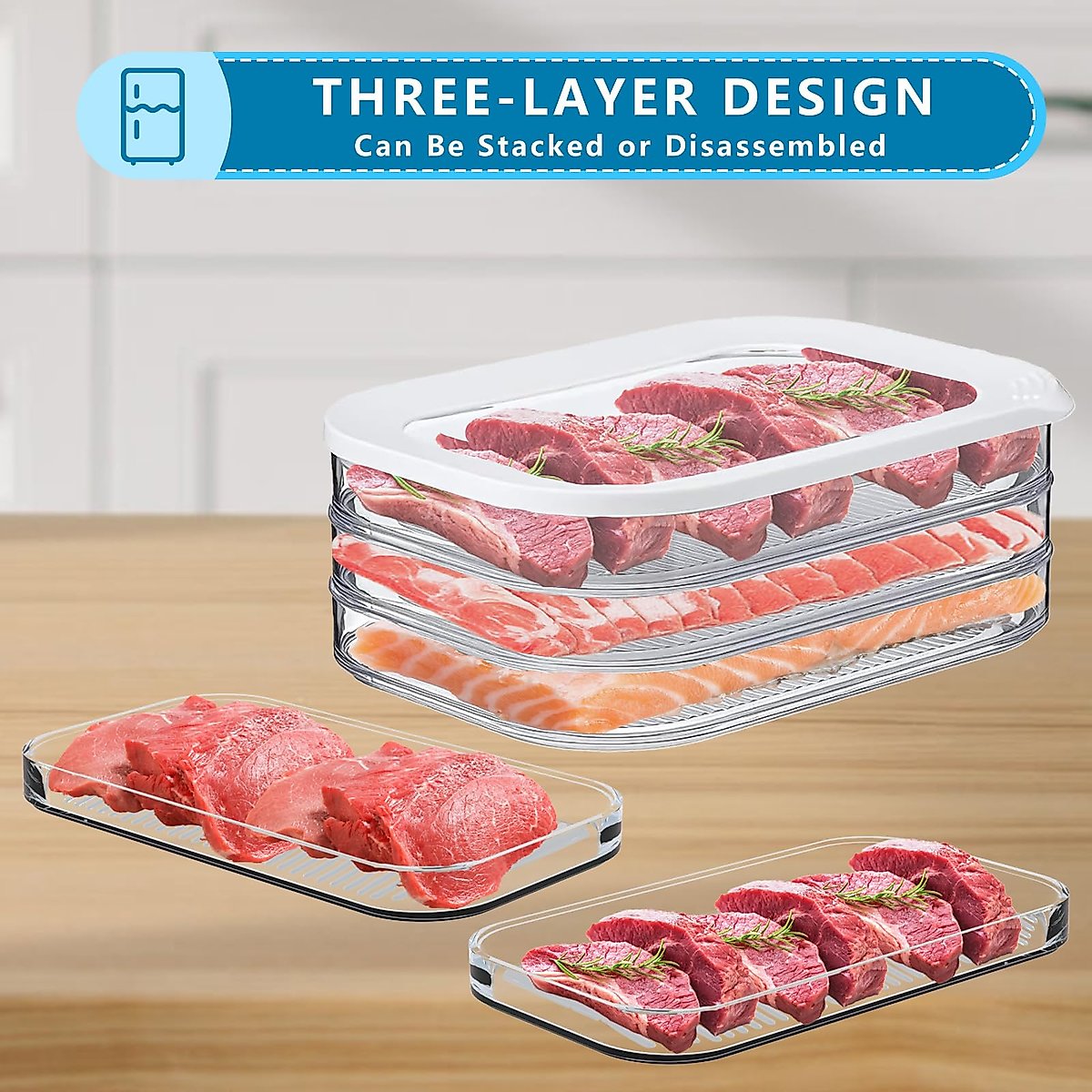 RKXQT Lunchmeat Storage Container for Fridge, Transparent Deli Lunch Meat Container for Refrigerator, Deli Container with Lid for Bacon, Lunch Meat, Stackable Cold Cuts, Vegetable and Cheese, 3pcs.