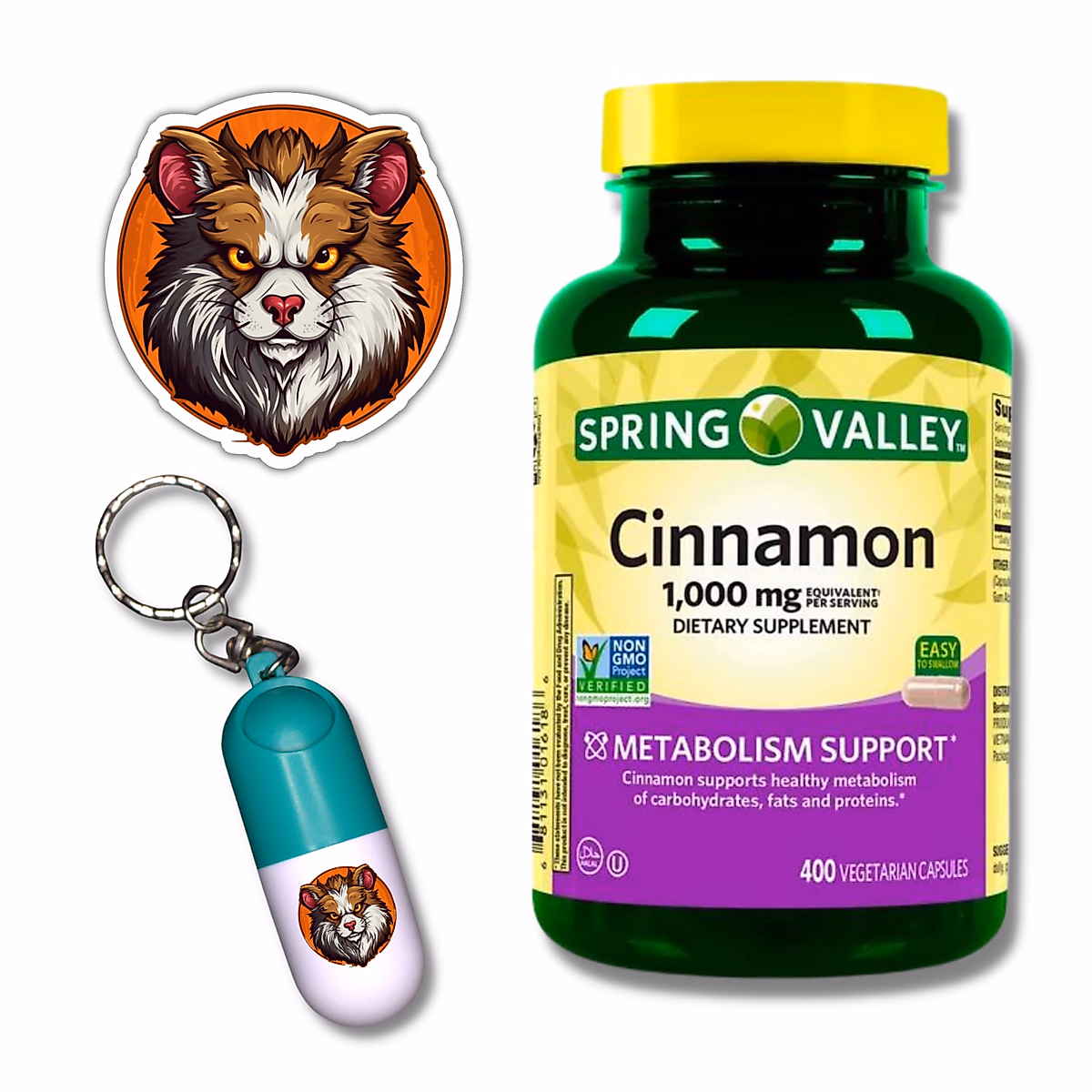 Wild Hamster Spring Valley Cinnamon Capsules 1000mg, 400 Count Bundle with Exclusive Keychain Pill Holder & Sticker (3 Items)
