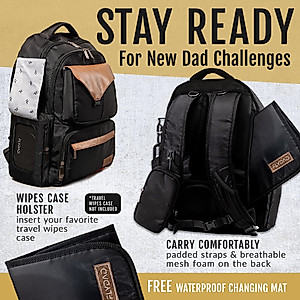 FlyDad - FirstBorn Men's Diaper Backpack, Stylish Diaper Backpack, Dad Diaper Bag, Mens Diaper Bag w/ 21 Compartments, Changing Mat, & Insulated Milk Pockets for Bottles (4oz), Brown Leather Accents