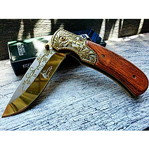 masterdish Gold WOOD HANDLE Pocket Knife Rainbow Gold Blade 3cr13 Steel Overall Length 8.5inch cvrt-1-4