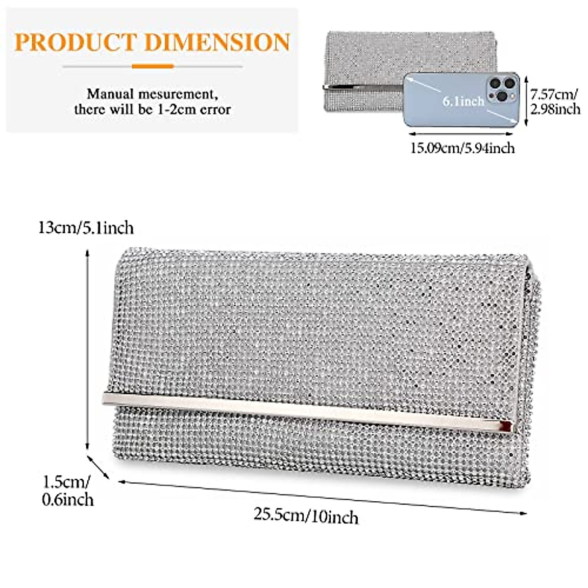 Tanpell Women's Soft Rhinestone Crystal Evening Clutch Bags Bling Purse with Detachable Chain for Prom Party Silver