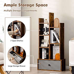 LOKO Rustic Bookshelf with Drawer, Industrial 3 Shelf Bookcase with Anti-toppling Device and 7 Open Compartments, Freestanding Vintage Wooden Book Shelf for Bedroom, Living Room (Rustic Brown)