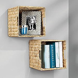 mDesign Natural Woven Hyacinth Cube Bin Basket Organizer with Handles, Storage for Bedroom, Home Office, Bathroom, Shelf and Cubby Organization, Hold Blankets, Magazines, Books, 4 Pack, Natural/Tan