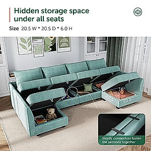 HONBAY Reversible Sectional Sofa Modular Couch U Shaped Sectional Sleeper Sofa with Storage Seats Oversized Sectional Sofa with Wide Chaise for Living Room, Aqua Blue
