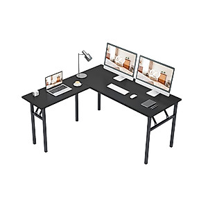 DlandHome Reversible L-Shaped Desk Large Corner Desk Folding Table Computer Desk Home Office Table Computer Workstation, Brown Black, ND11