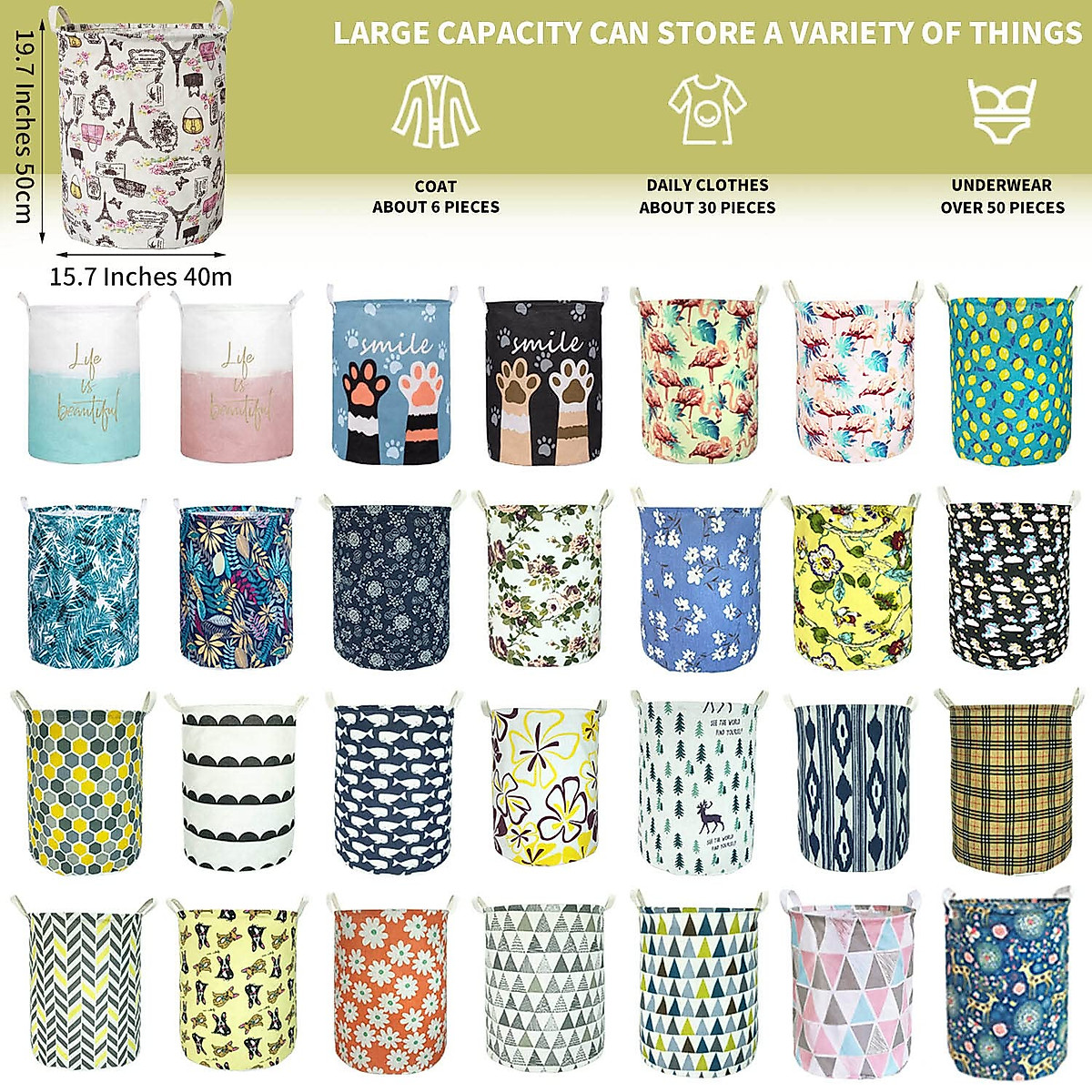 Aouker Merdes 19.7’’ Waterproof Foldable Laundry Hamper, Dirty Clothes Laundry Basket, Linen Bin Storage Organizer for Toy Collection(Paris)