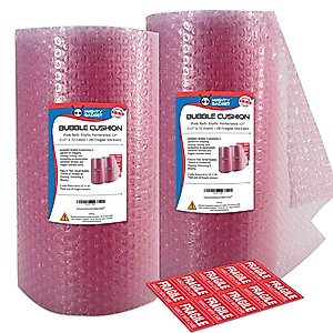 Mighty Gadget Pink Anti-Static Bubble Cushioning Wrap Rolls for Moving & Packaging with Perforated Line Every 12"(12" x72 Feet, 36’/Roll) + Free Fragile Labels