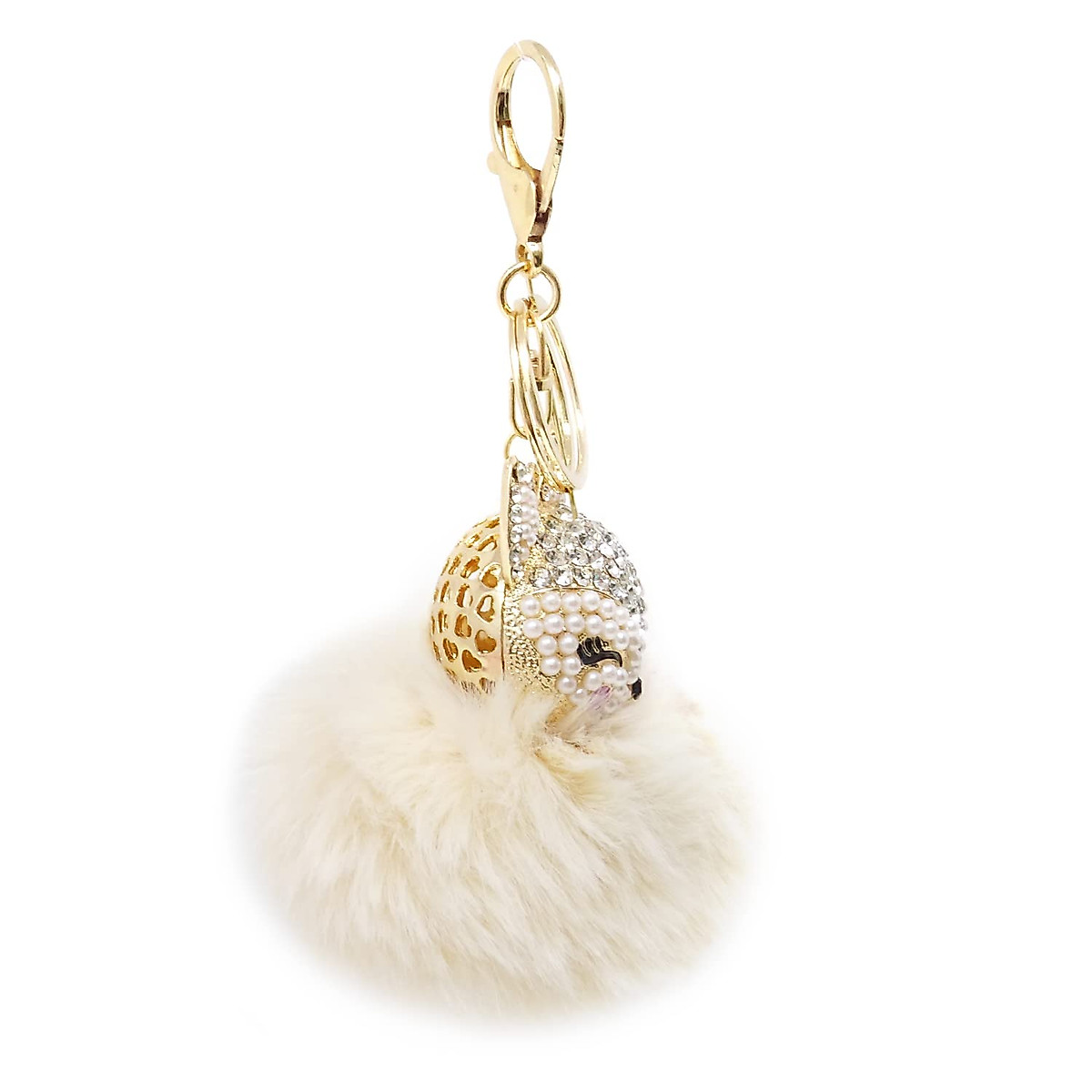 Honbay Faux Rabbit Fur Fluffy Keychain Fashion Fox Head Alloy Keychain Sparkly Rhinestone Car Keychain (Beige)