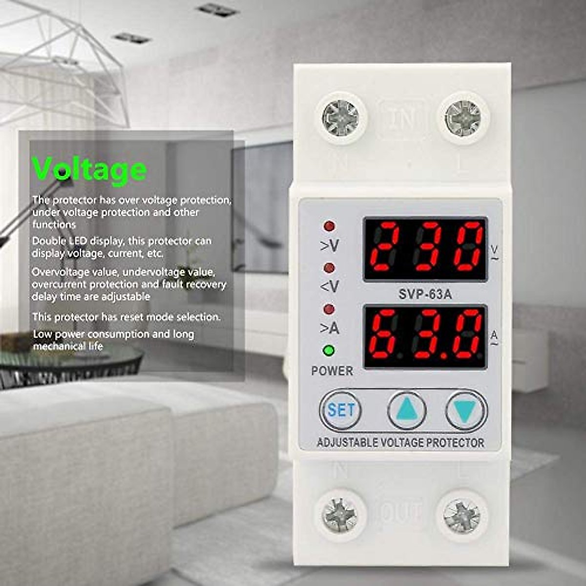 Double LED Display Single Phase Adjustable Voltage Current Protector Voltage Protective Device AC230V 63A 81 x 36 x 60mm