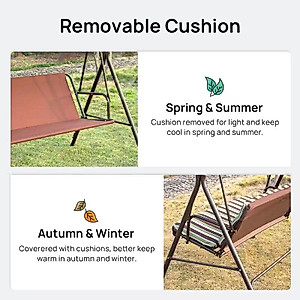 Outdoor Swing Chair 3 Person Patio Swing Chair Cushion with Stand Glider Hammock Bench with Canopy Seating Backyard Furniture Steel Frame