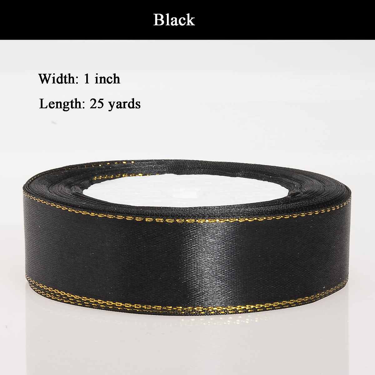 YASEO 25 Yards 1 Inch Black Satin Ribbon with Gold Edges, Gold Border Fabric Ribbons for Gift Wrapping and Crafts