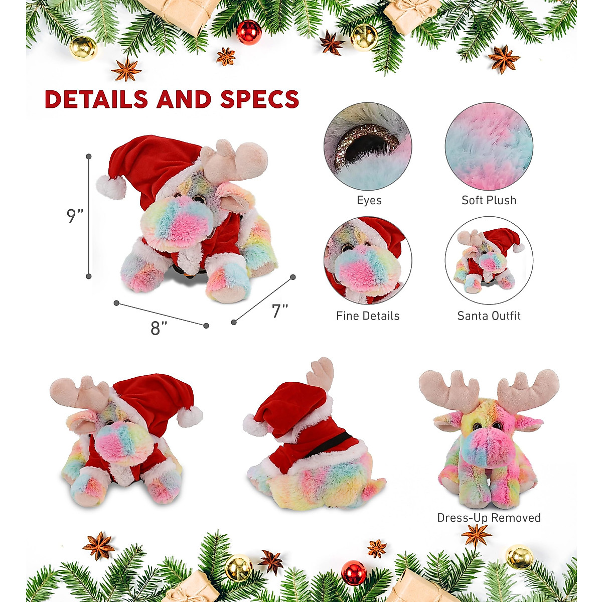 DolliBu Santa Rainbow Floppy Moose Stuffed Animal Plush Toy - Super Soft Dress Up with Red Santa Claus Outfit, Cute Moose Gift Perfect Holiday with Name Personalization - 9 Inches
