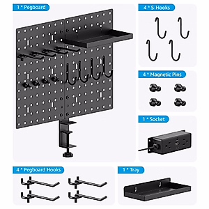 CCCEI Desk Organizer and Storage Pegboard with Charging Station, Gaming Standing Office Supplies Shelf Accessorie, Black Desktop Clamp Peg Board Privacy Organization Panel. Gifts for Men, 6FT.