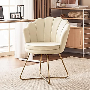 Furnimart Upholstered Accent Chair Living Room Chair, Velvet Curved Vanity Chair with Gold Plating Legs, Compy Cute Chairs for Bedroom, Living Room, Office, Guest Reception (Khaki)