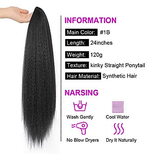 G&T Yaki Drawstring Ponytail Extension with Bangs - Long Yaki Straight Clip in Ponytails Extension for Black Women Synthetic Hairpiece for Daily Party Use (1B, 24 inch)