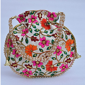 Truesellershop Designer Embroidered Potli Bag for Women Indian Ethnic Printed Silk Batwa Pearls Handle Purse Clutch Evening Party, Wedding, Gifts Her (Design-9), Off White