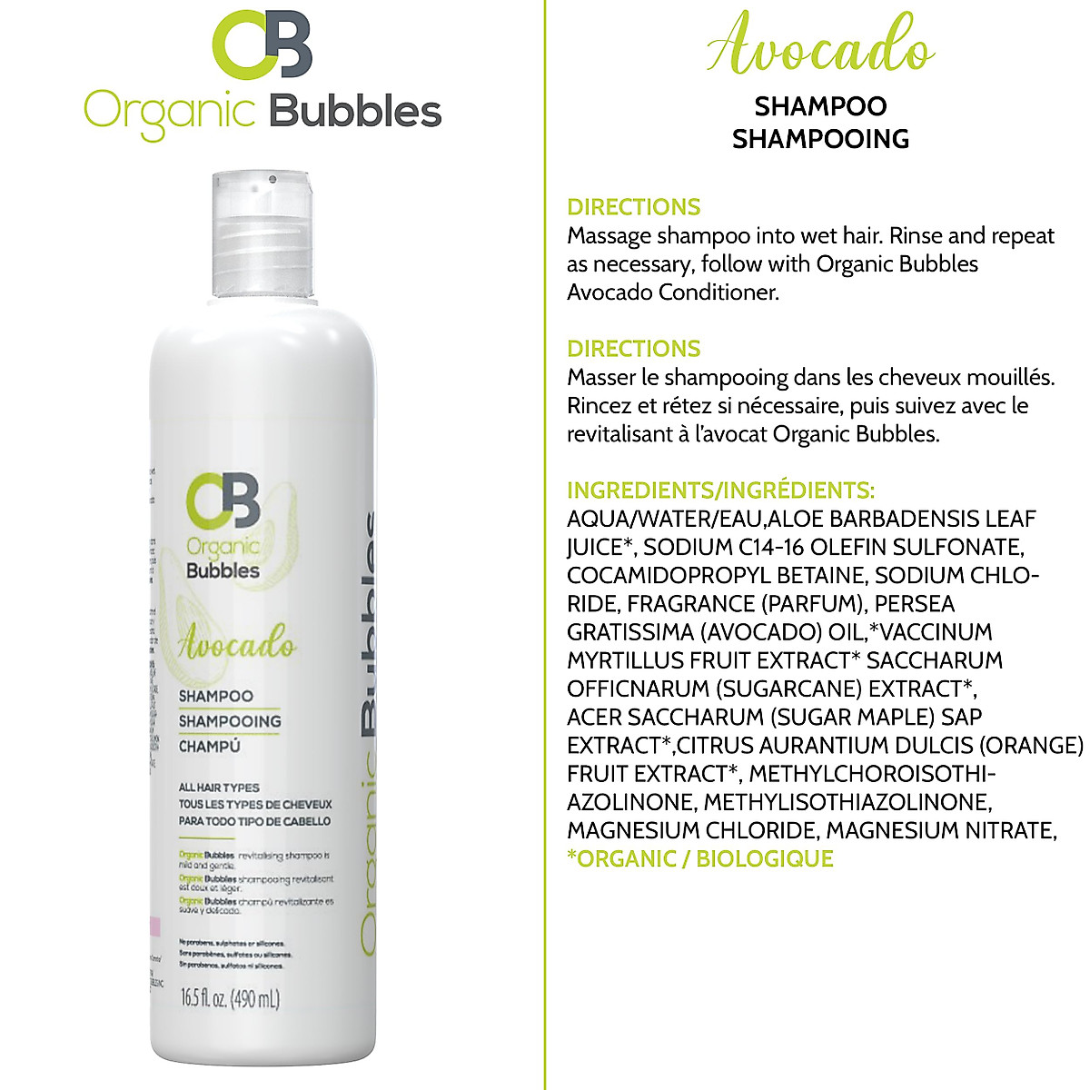 Organic Bubbles Avocado – Vegan and Made in Canada (Shampoo)