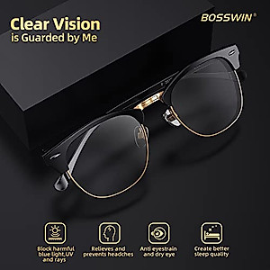 BOSSWIN Blue Light Glasses, 2 Pack, Fashion Round Half Frame, Computer/Game/Reading/TV Blue Light Blocking Glasses (Gold+silver)