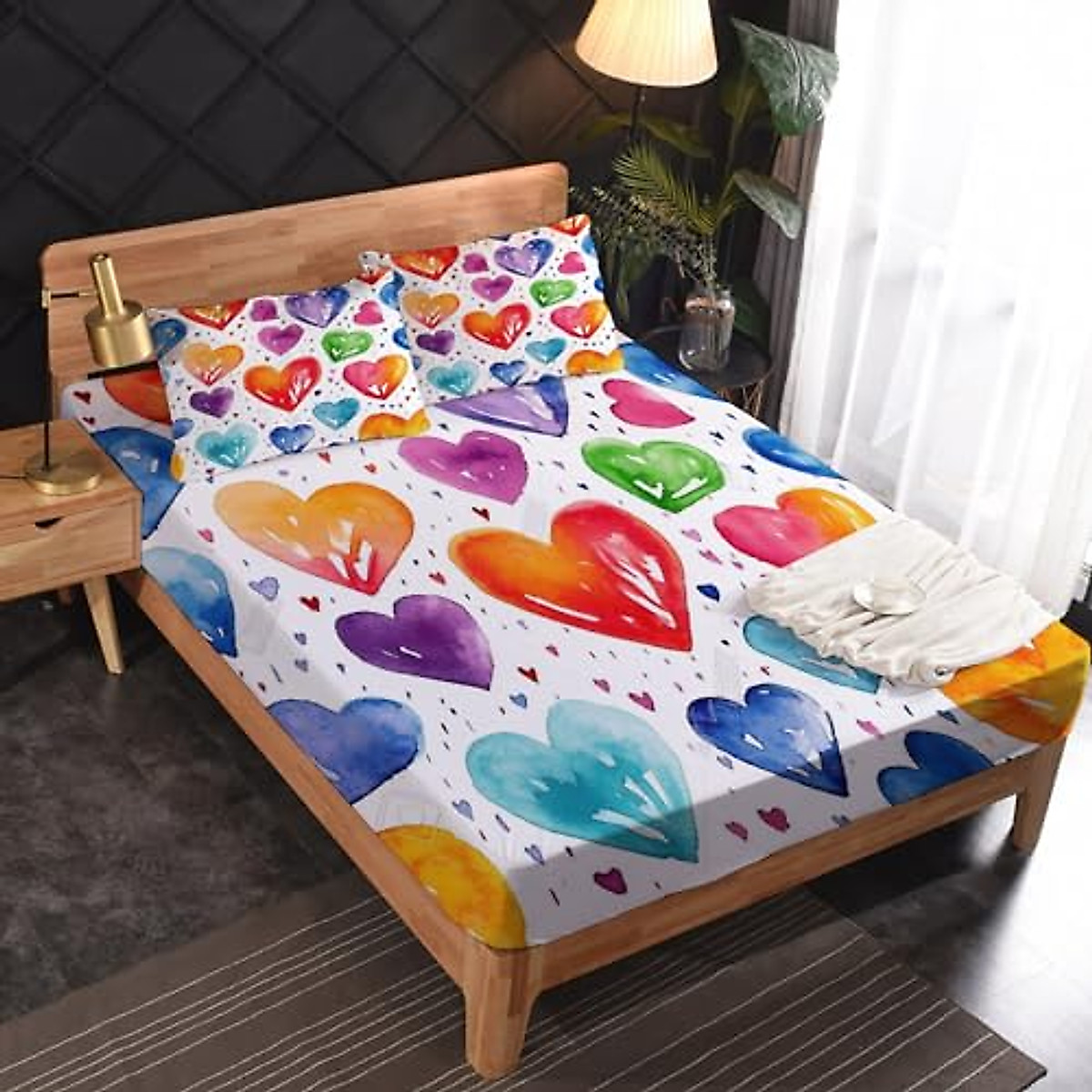 zcsm Full Size Sheet Sets - Heart Bed Sheets, Colorful Bedding Sheets & Pillowcases, Soft Microfiber & Deep Pocket & Wrinkle Free Patterned Sheet Set, 1 Fitted Sheet, 1 Flat Sheet, 2 Pillow Cases
