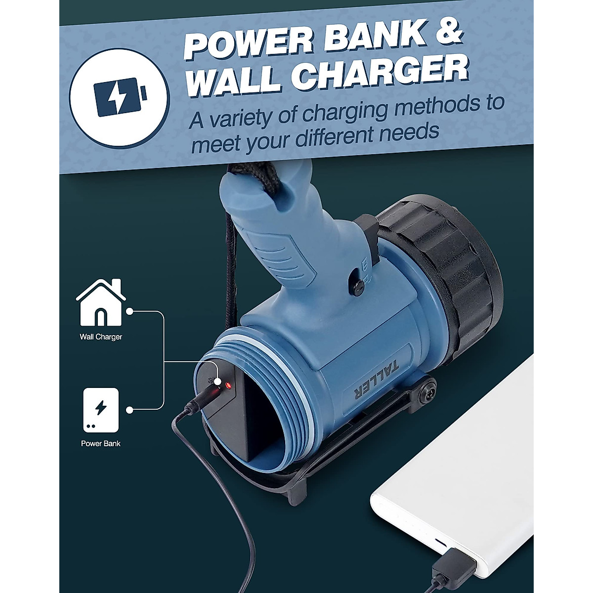 Taller Rechargeable Spotlight with 200000 Lumens, 10000mAh Bright Hand Held Work Lights Flashlight Warning Lamp, IPX7 Waterproof Lightweight LED Spotlight Searchlight for Boat Camping Hunting - Blue