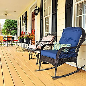 Sundale Outdoor Wicker Rocking Chair Rattan Outdoor Patio Yard Furniture All- Weather with Cushions & Lumbar Pillow (Navy)