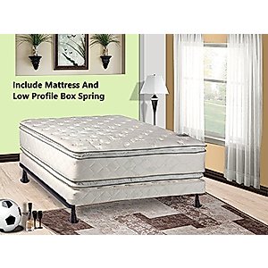 Mattress Solution Medium Plush Double Sided Pillowtop Innerspring Fully Assembled Mattress and 4" Low Profile Wood Box Spring/Foundation Set, Queen, White LT Brown