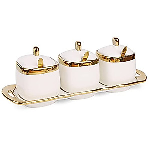 Fvstar Ceramic Sugar Bowls 3pcs Porcelain Spice Pots Salt Containers Condiment Jar Seasoning Storage Jar with Spoon and Tray,Sugar Jar for Kitchen,Coffee Bar, Countertop(White)