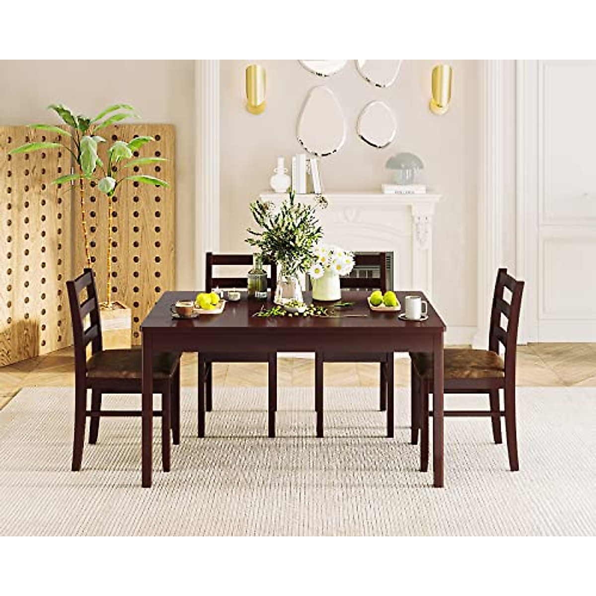 KKL Dining Table Set for 4, Kitchen Table and Chairs for 4, Farmhouse Wood Kitchen and Dining Room Table Set for 6, 5-Piece Modern Dinner Table Set, Easy Assembly, Coffee